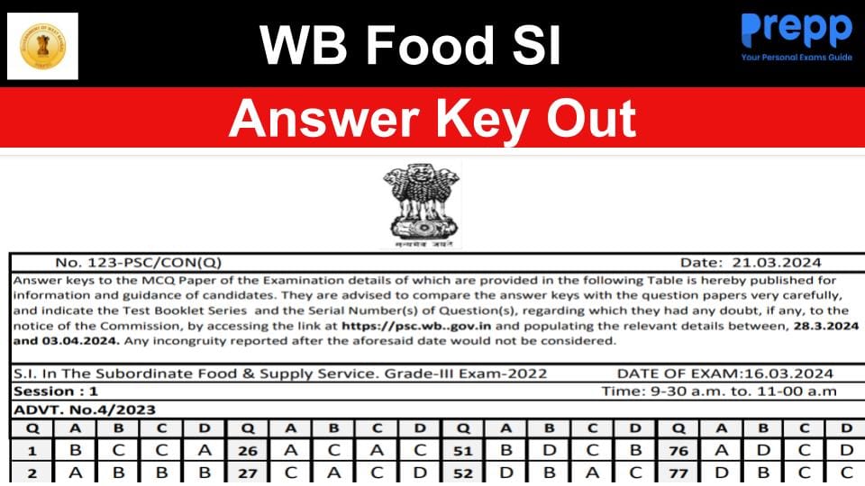 WBPSC Food SI Answer Key 2024 Released at psc.wb.gov.in; Download PDF