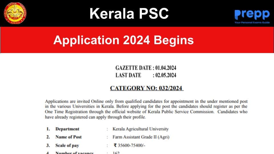 Kerala PSC 2024 Application Begins for 162 Farm Assistant Posts