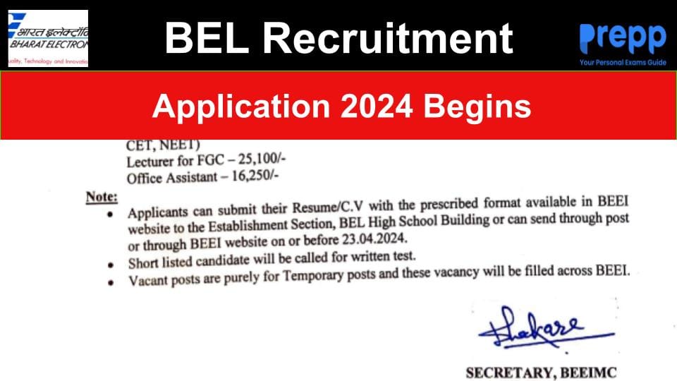 BEL Recruitment 2024: Application Begins for PGT and Office Assistant Posts