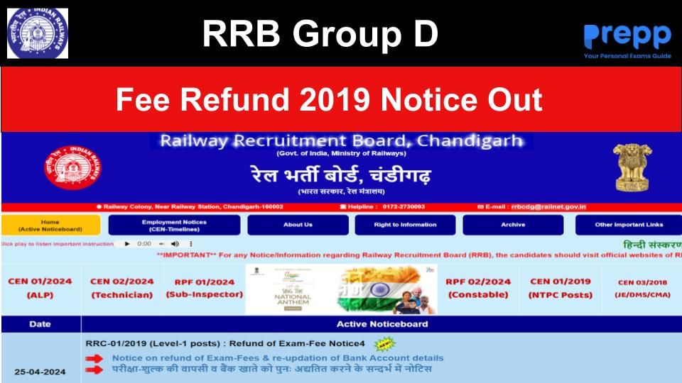 RRB Group D 2019 Fee Refund Notice Out at rrbcdg.gov.in; Details Here