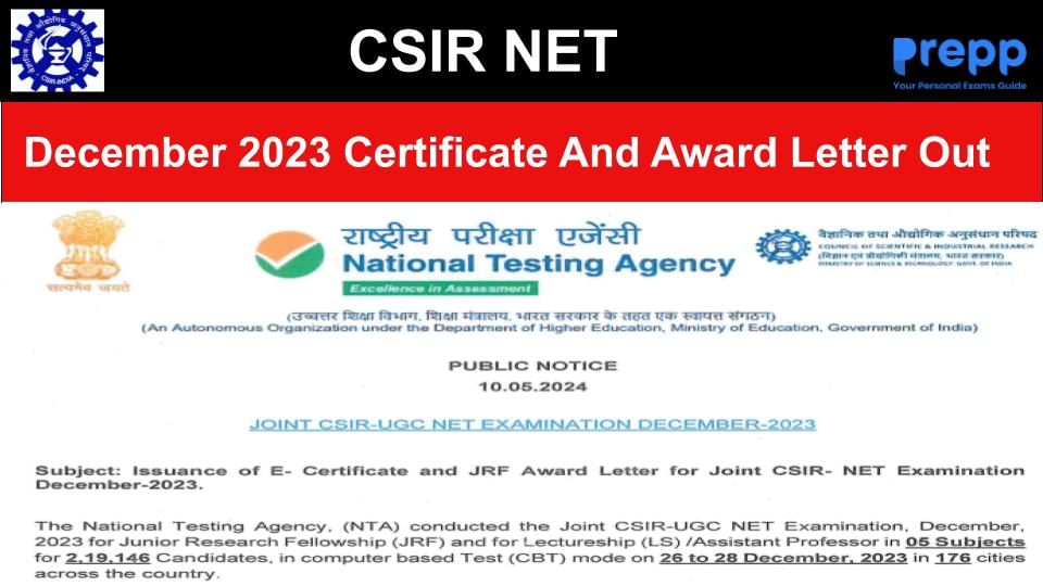 CSIR NET December 2023 Certificate and Award Letter Available at csirnet.nta.ac.in: Direct Link ...