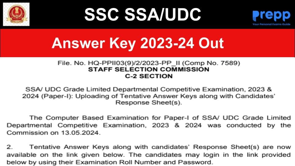 SSC SSA/UDC Answer Keys 2023-24 Out at ssc.gov.in; Objection Link Here