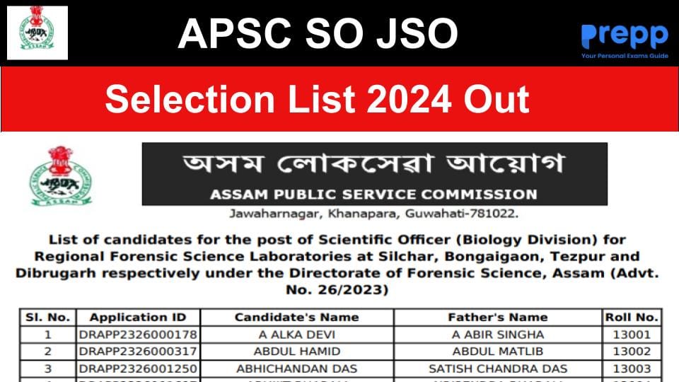 APSC SO JSO Selection List 2024 Out; Download PDF at apsc.nic.in