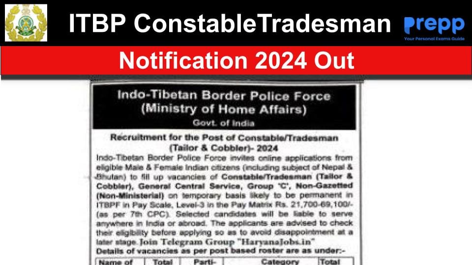 ITBP Constable Tradesman Notification 2024 Out at itbpolice.nic.in ...