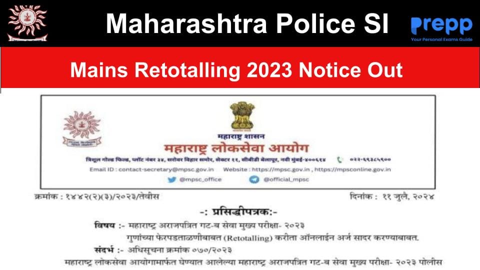 MPSC Group B SI Mains 2023 Marks Retotaling Notice Out; Details Here