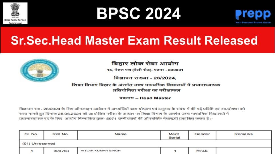 BPSC 2024 Senior Secondary Head Master Exam Result Announced