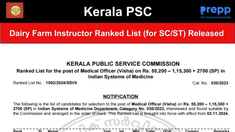 Kerala PSC Dairy Farm Instructor (Special Recruitment for SC/ST) Ranked List Released