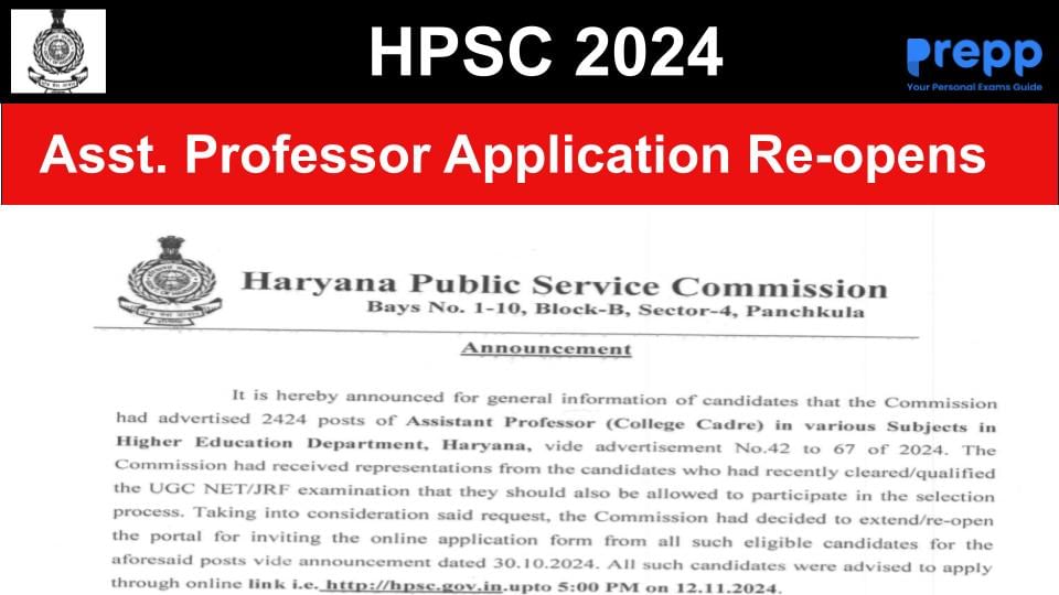 HPSC 2024 Assistant Professor Application Re-Open for UGC NET/JRF