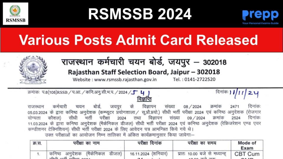 RSMSSB 2024 Various Posts Admit Card Released; Check Exam Dates Here