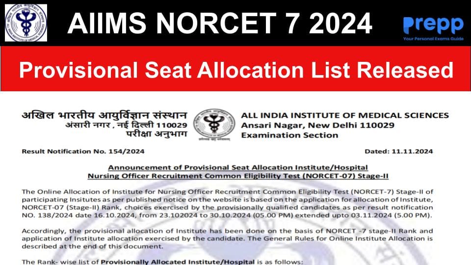 AIIMS NORCET 7 2024 Stage 2 Provisional Seat Allocation List Out; Download PDF