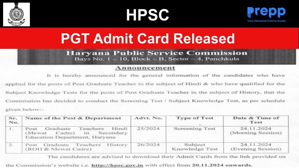 HPSC PGT Admit Card 2024 Released; Check for Various Subject