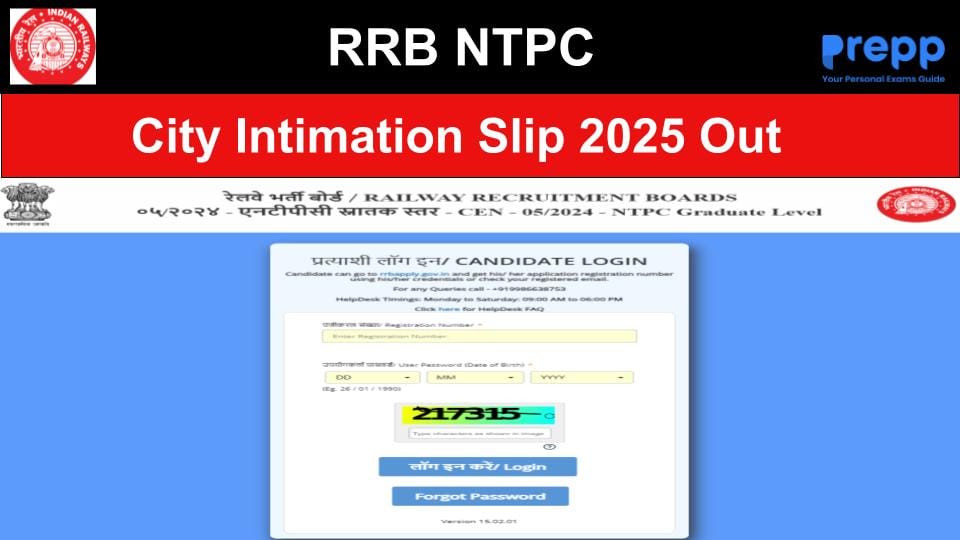 RRB NTPC City Intimation Slip 2025 Out; Download Graduate CBT 1 Exam Slip