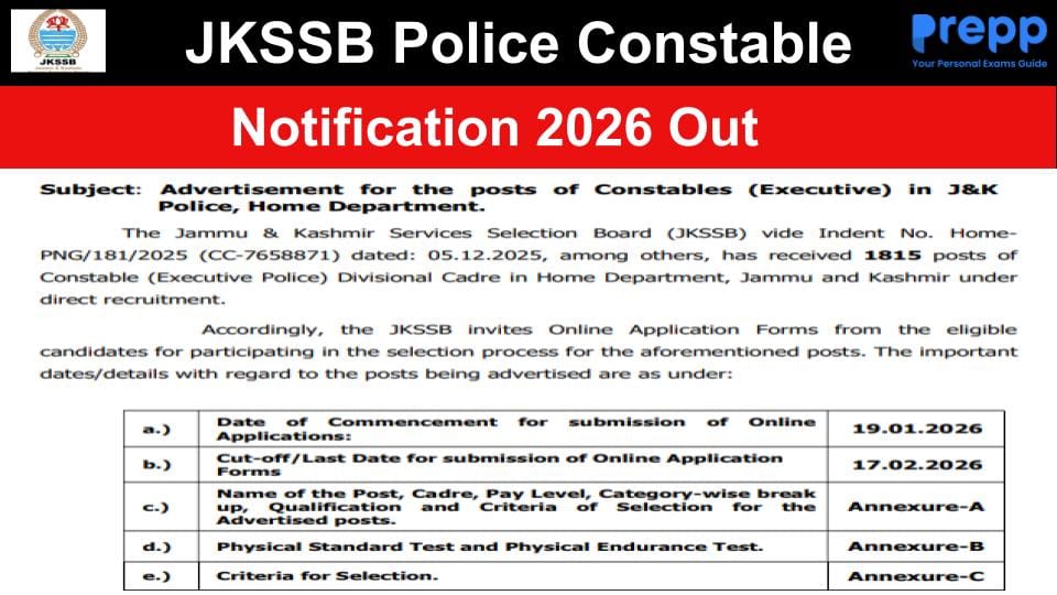 JKSSB Police Constable 2026 Notification Out: Apply Online for 1815 Posts