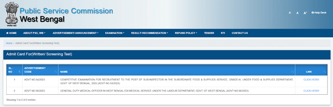 West Bengal Food SI Admit Card 2023 Out; Download at psc.wb.gov.in