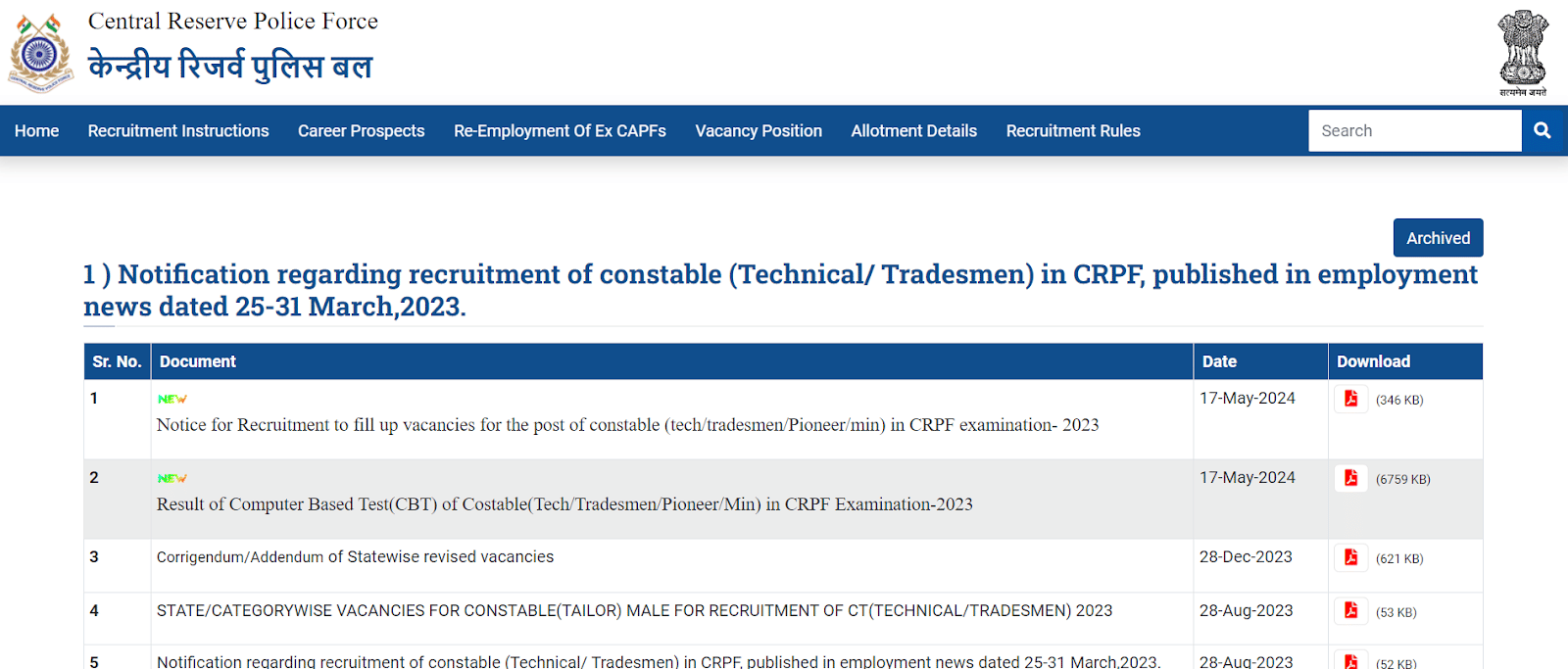 CRPF Tradesman Result 2023 Released at rect.crpf.gov.in; Download PDF