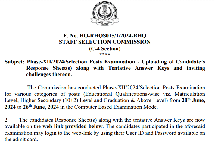 SSC Selection Post Phase 12 Answer Key 2024 Out; Download Response Sheet